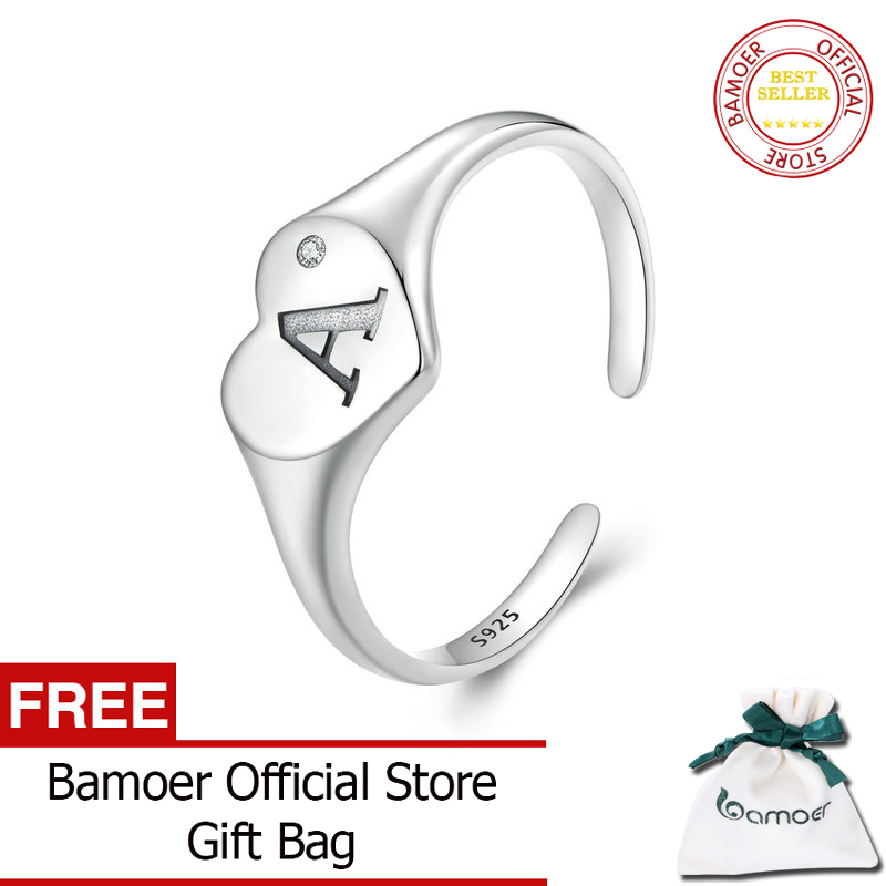 BAMOER 925 Sterling Silver Engraved Initial Letter A Open Ring Heart ...