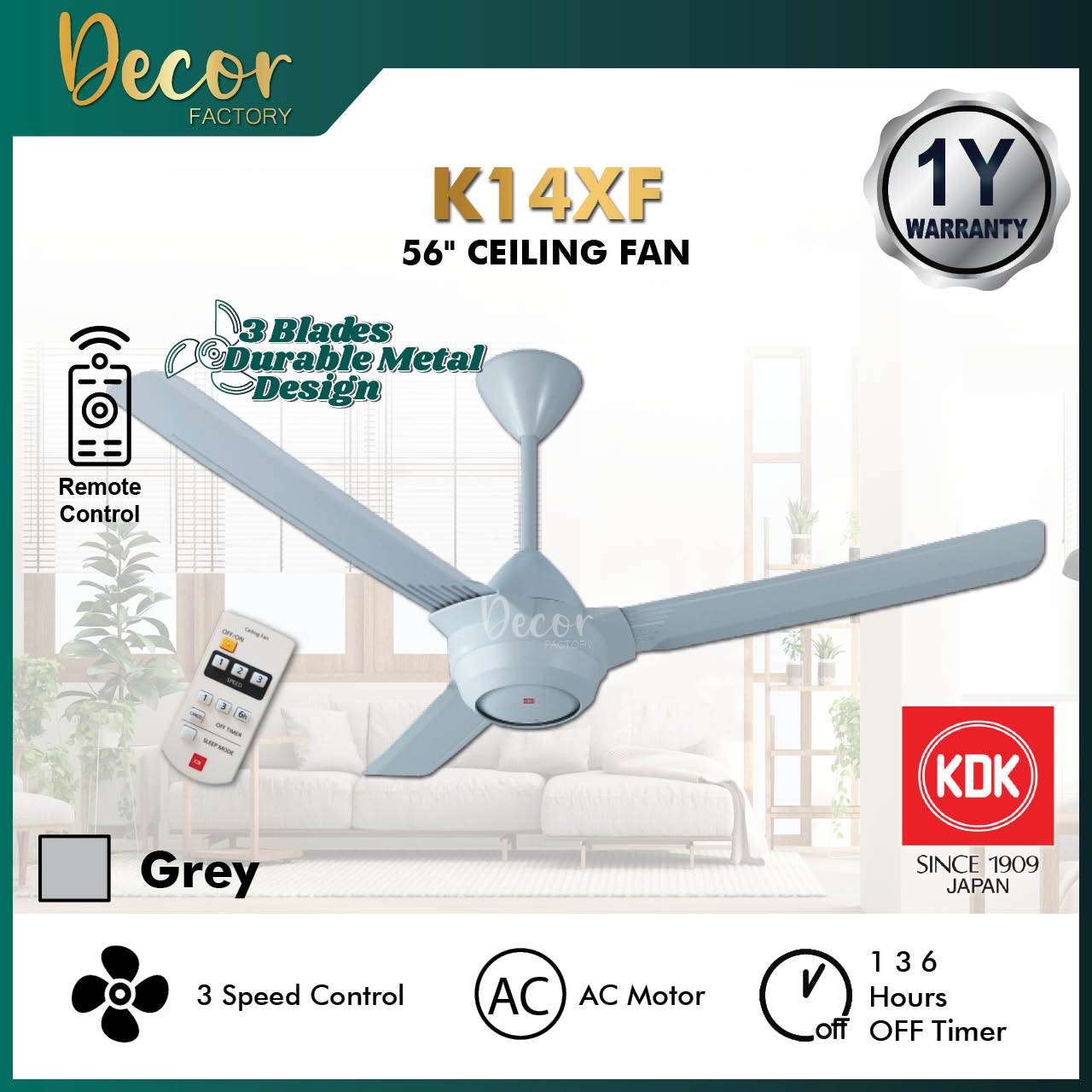 KDK Fan KDK K14XF 56" 3 Blades 3 Speed AC Motor Remote Control Ceiling ...