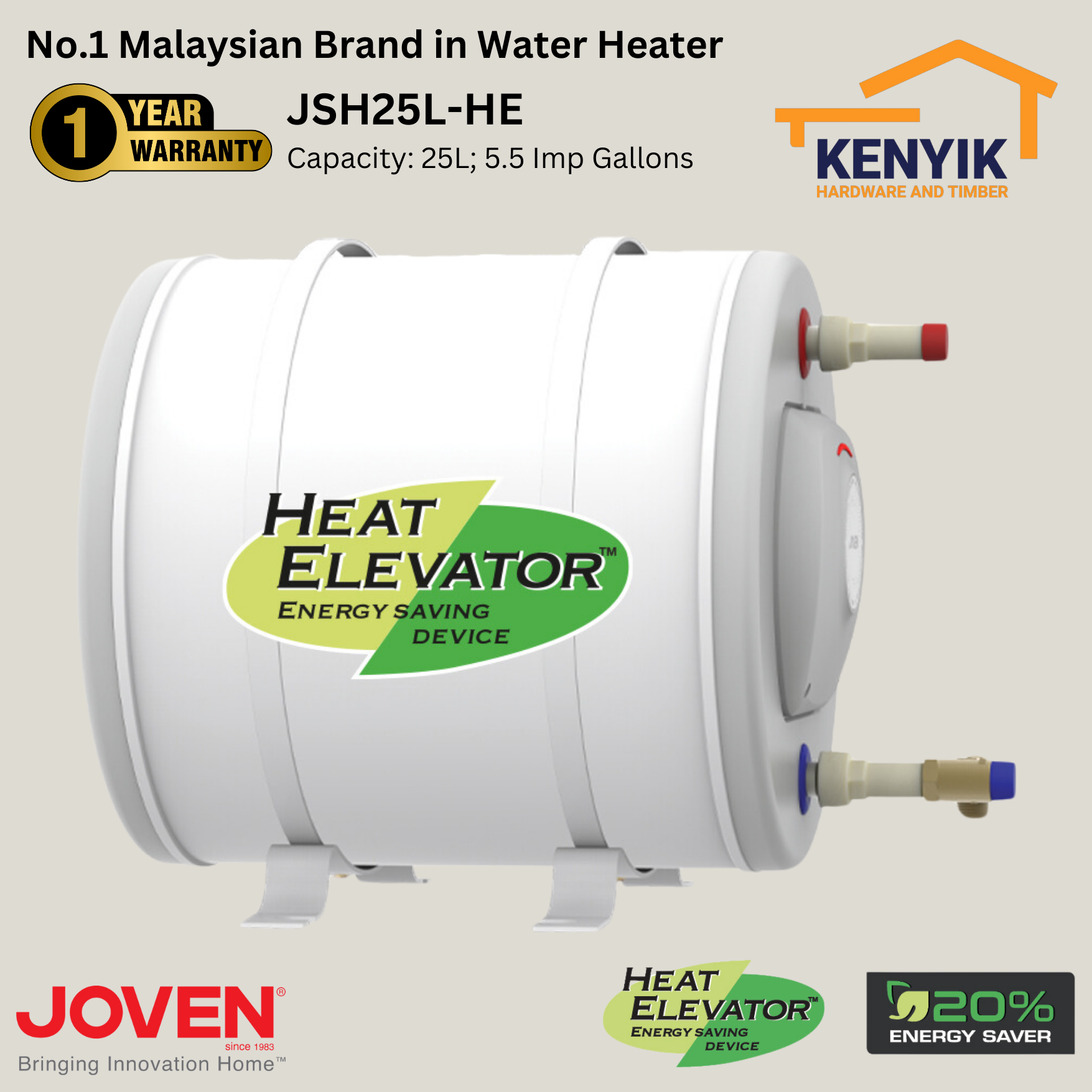 JOVEN (25L / 5.5 Gallons) Horizontal Storage Water Heater Tank with ...