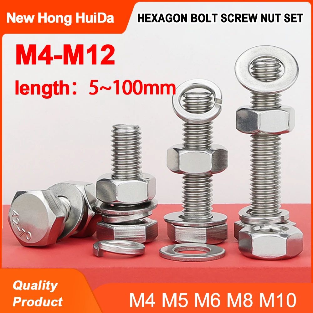 M4 M5 M6 M8 M10 M12 304 Stainless Steel Hexagon Bolt Screw And Nut Set ...