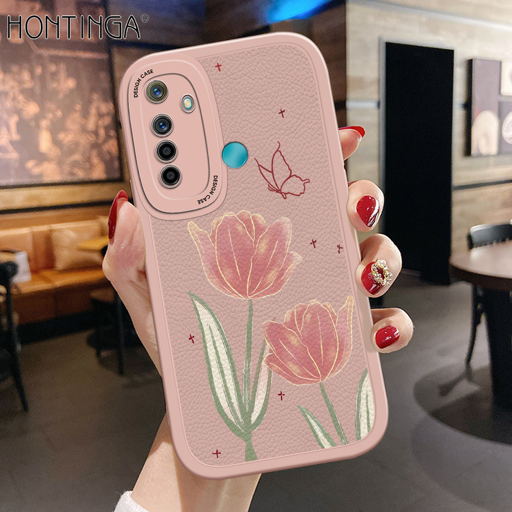 Hontinga for Realme 5 5i 5S 6i Back Cover PU Leather Pink Flowers Phone ...