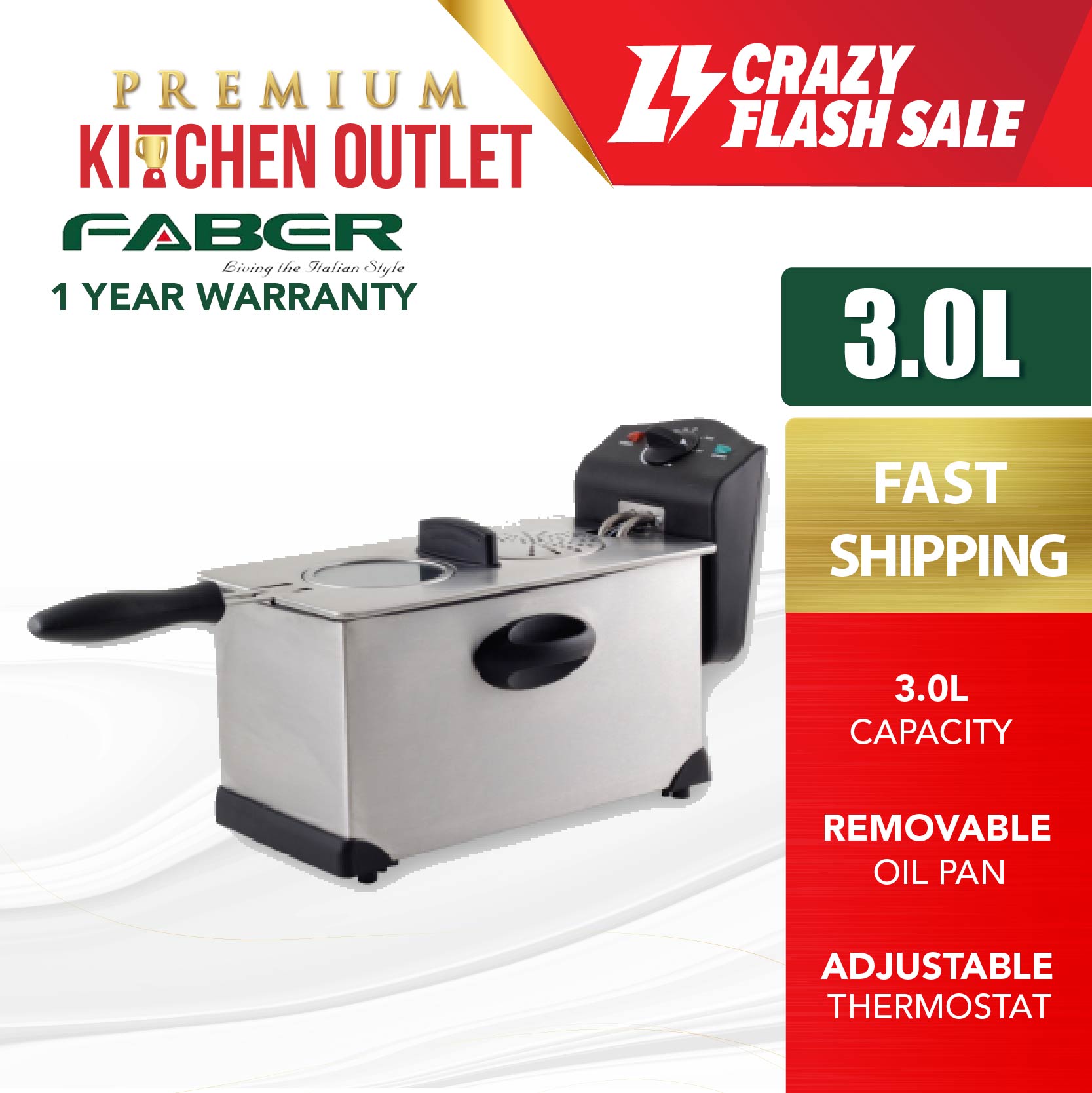 Faber 3L Deep Fryer FDF2038 W Stainess Steel Housing *Replaces FDF 1038 ...