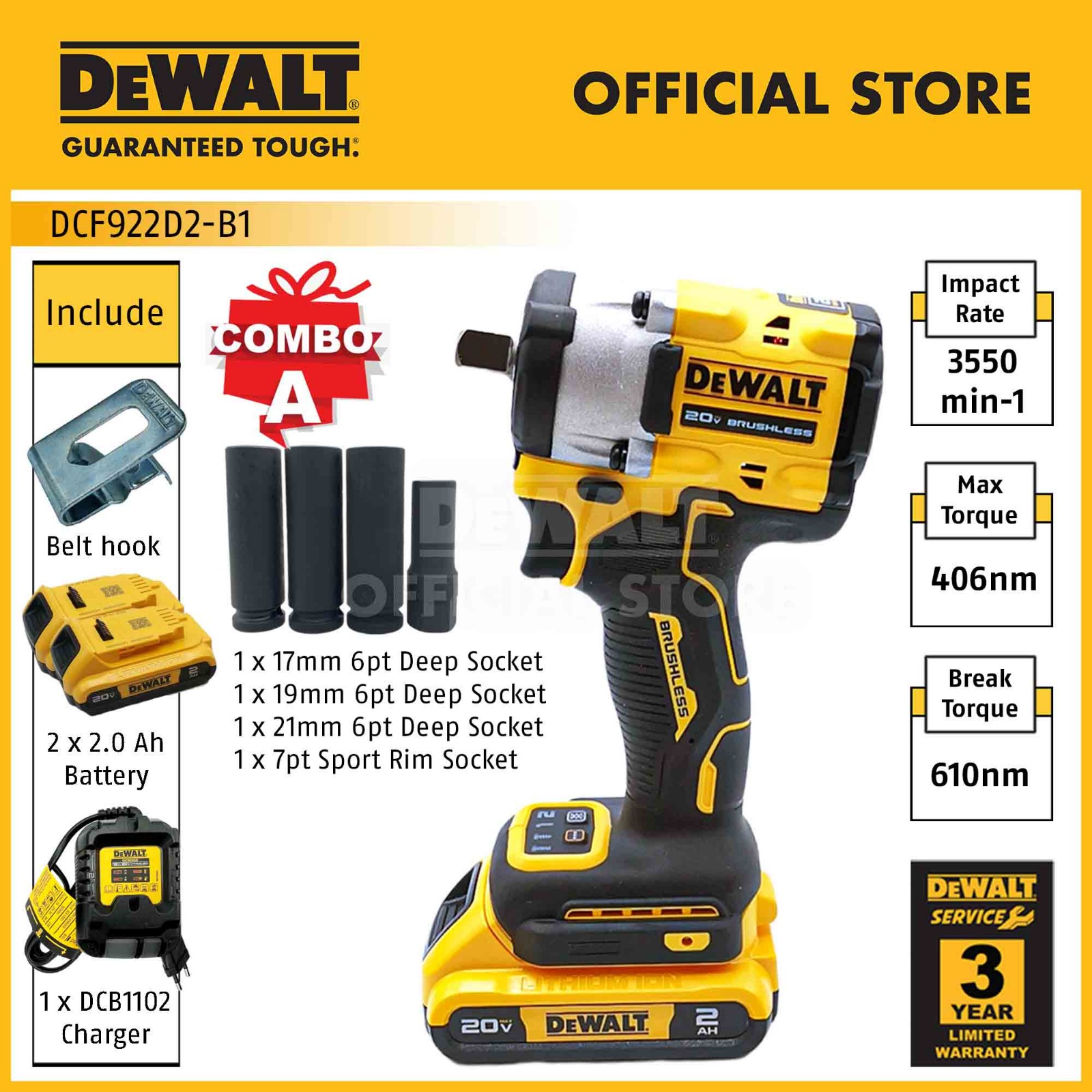 Dewalt DCF922D2-B1 12.7mm ( 1/2” ) 18/20V Brushless Cordless Impact ...