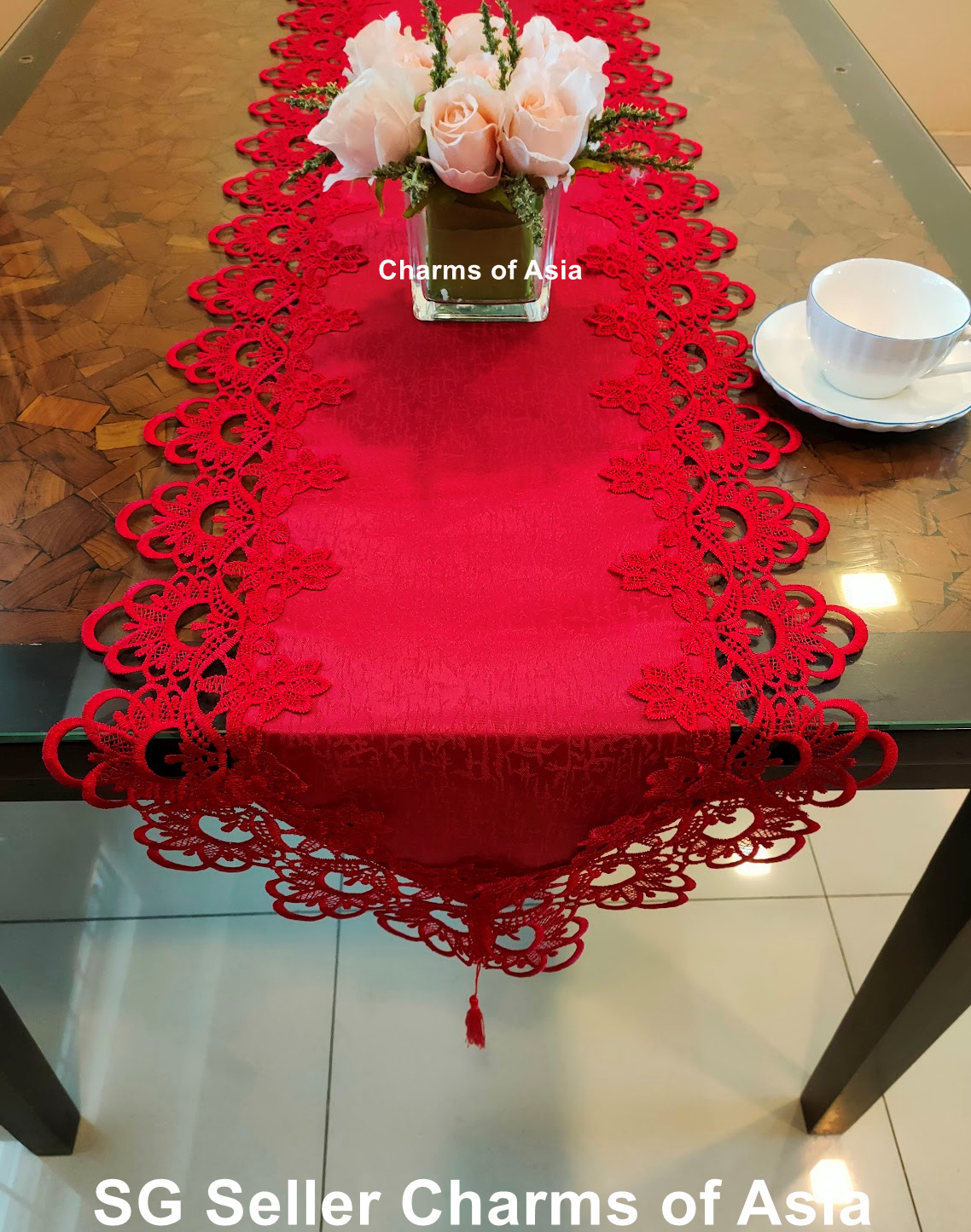 (SG seller ready stock) Vermillion Red lace embroidery table runner ...