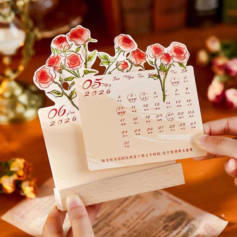 Simple 2026 Desk Calendar Rose Painting With Wooden Base Mini Calendar ...