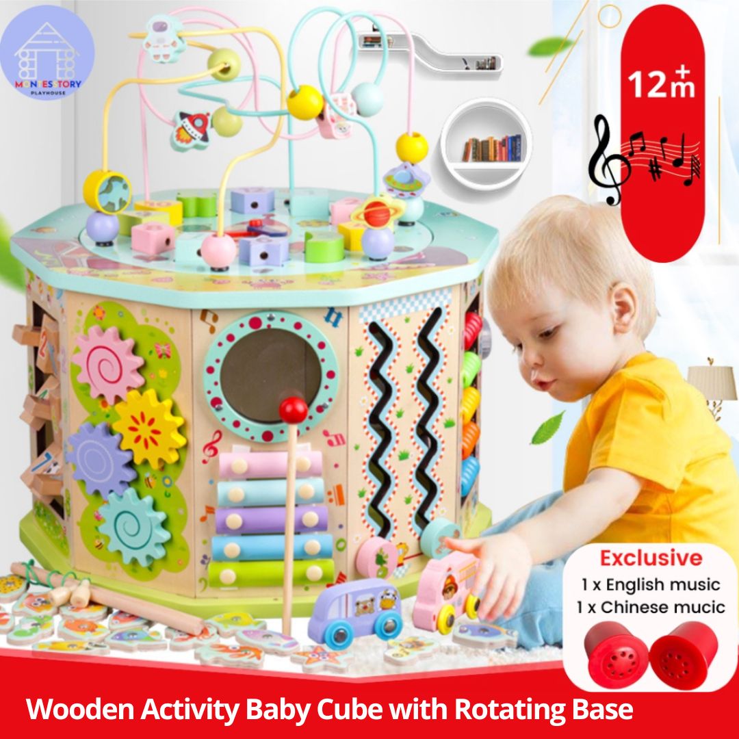 23 in 1 Baby Wooden Activity Play Cube with Rotating Base Busy Board ...