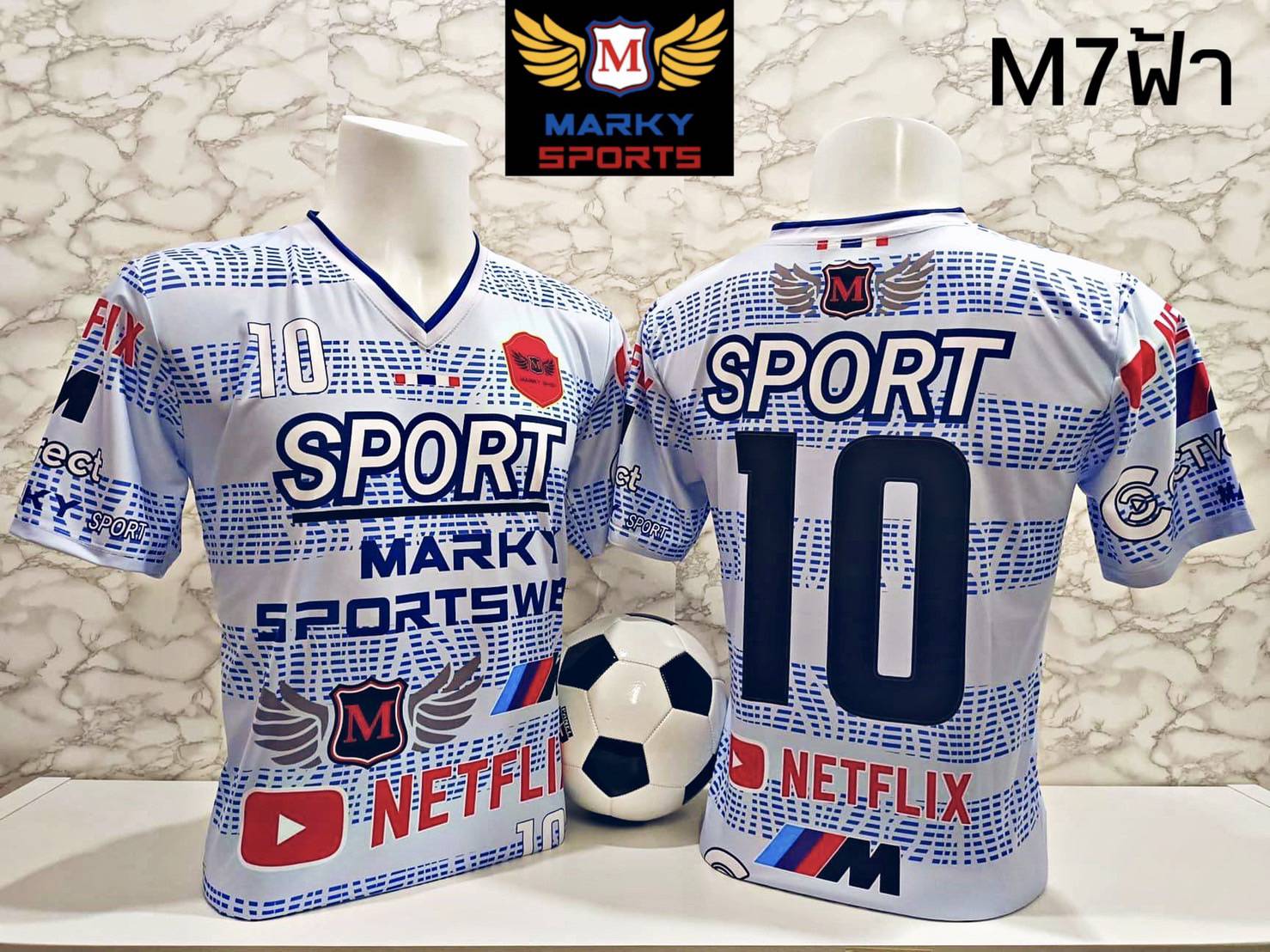 เสื้อพิมพ์ลาย marky sport M7สีฟ้า พิมพ์ลายทั้งตัวหน้าหลังสวมใส่สบาย ใส่ได้ทั้งชายหญิง เสื้อกีฬา ...