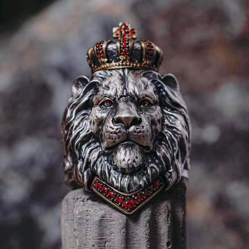 【Countdown Deal！】925 Personality Carved Aggressive Lion Opening Men's ...