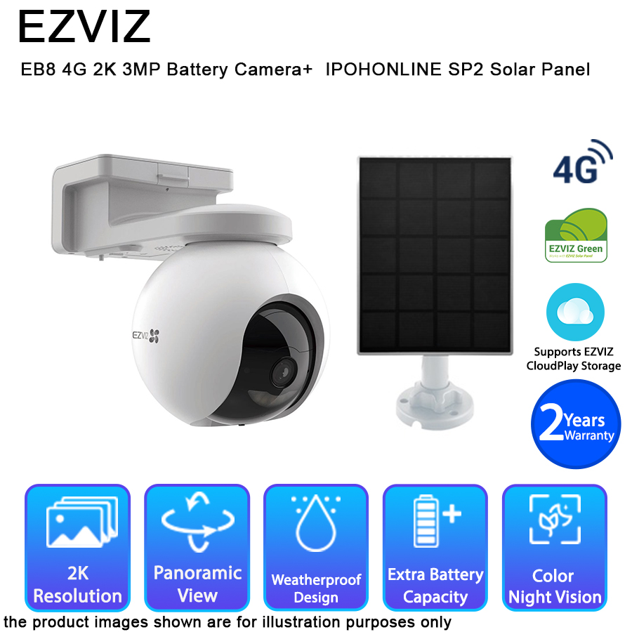 EZVIZ EB8 4G 2K 3MP Pan & Tilt 4G Network Smart Home Battery Camera + IPOHONLINE SOLAR CHARGING ...