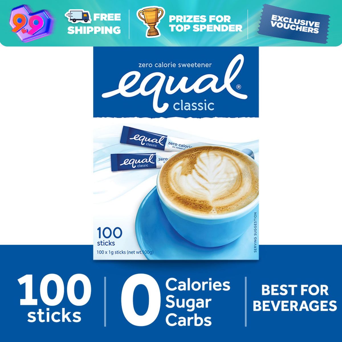 EQUAL Classic 1 Box x 100 Sticks, 0 Calorie Sweetener Sticks, Sugar ...