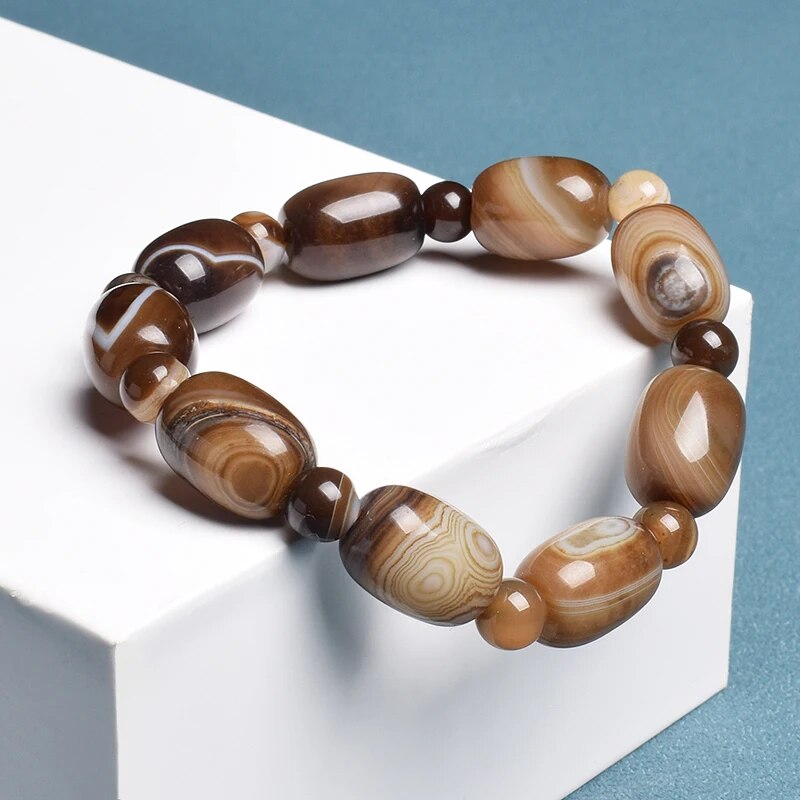 Natural Stone Coffee Lace Agates Bracelet Cylinder Drum Barrel Shape ...