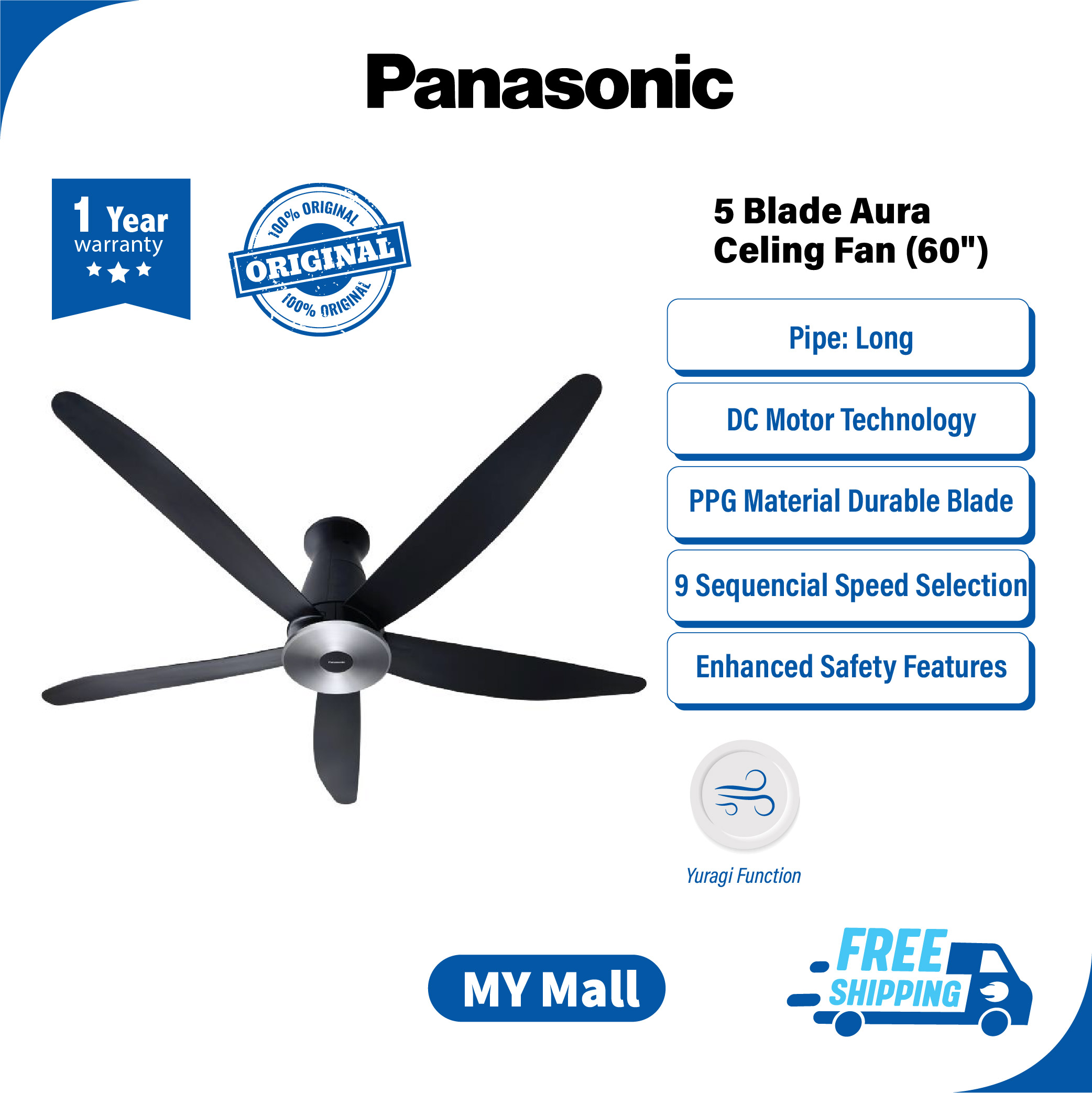PANASONIC CEILING FAN AURA SERIES 5-BLADE F-M15EX 60" -LONG DC Motor ...