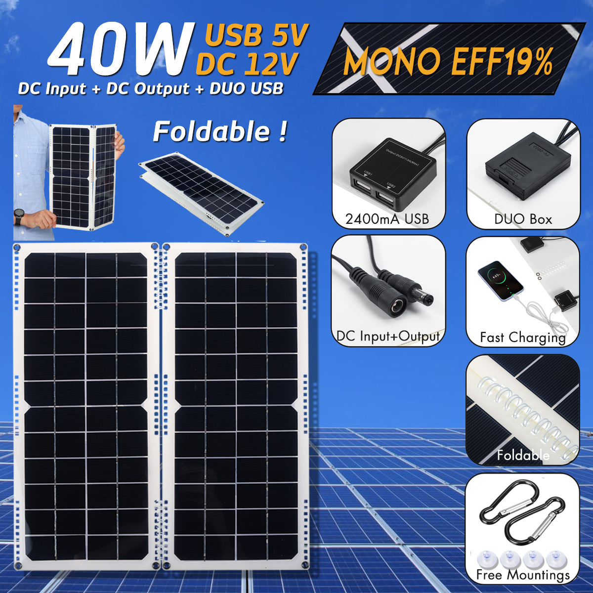 40W 12V HOT SELL Mono Foldable Solar Panel Dual Universal Serial Bus ...