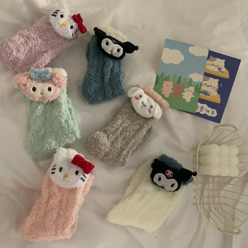 Women Kawaii Cute Sanrio Kuromi Mymelody Cinnamoroll Coral Fleece Socks ...