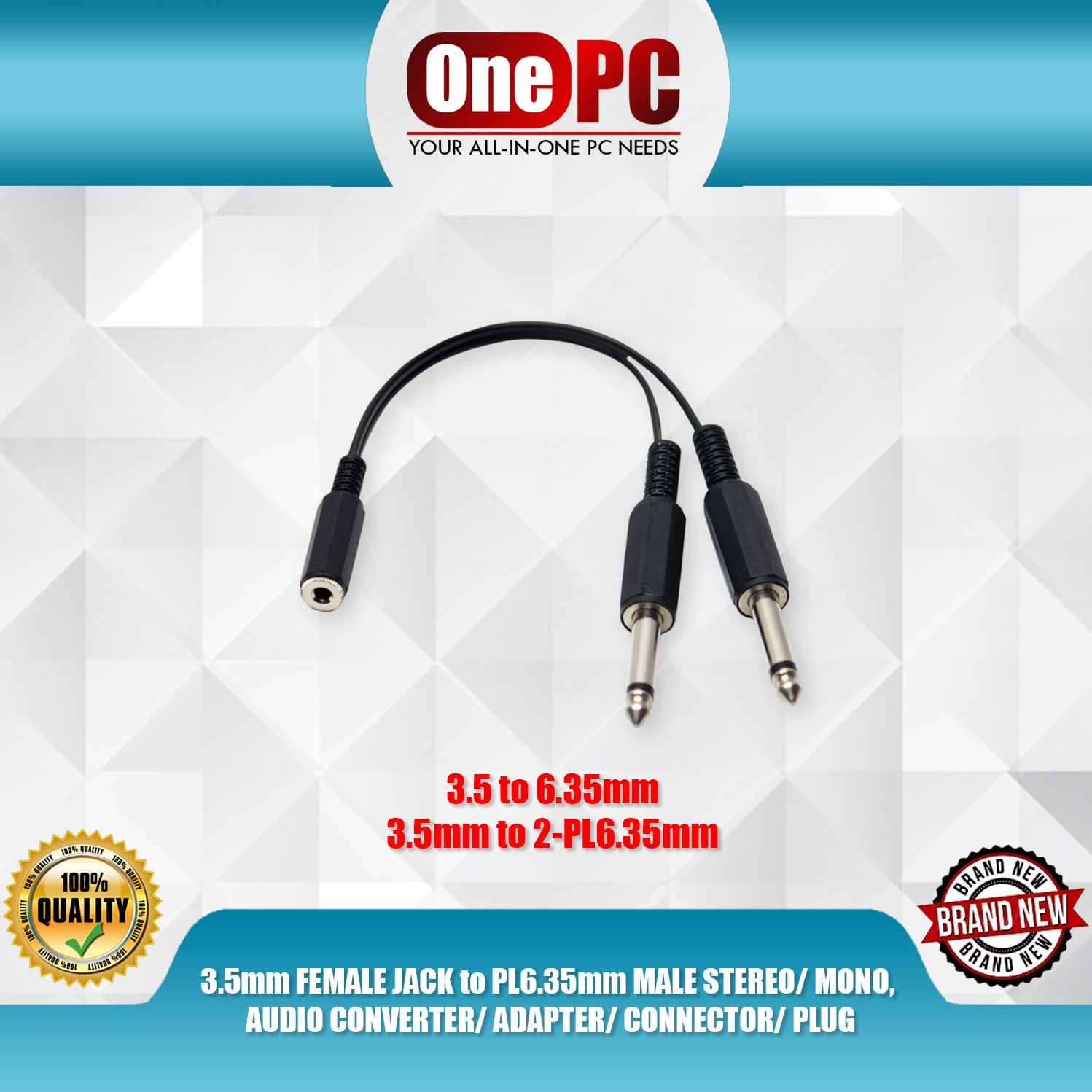 3.5mm FEMALE JACK to PL6.35mm MALE STEREO/ MONO, AUDIO CONVERTER ...