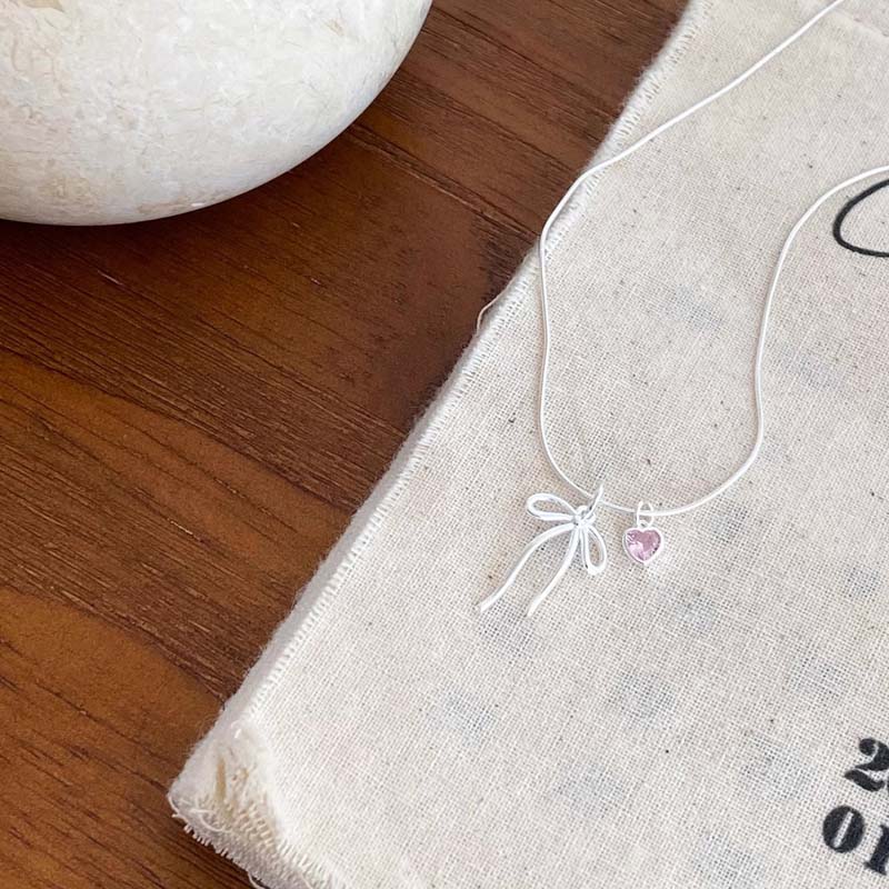 JWER Y2K Pink Zircon Heart Bow Pendant Necklace For Women Sweet Crystal Bowknot Line clavicle ...