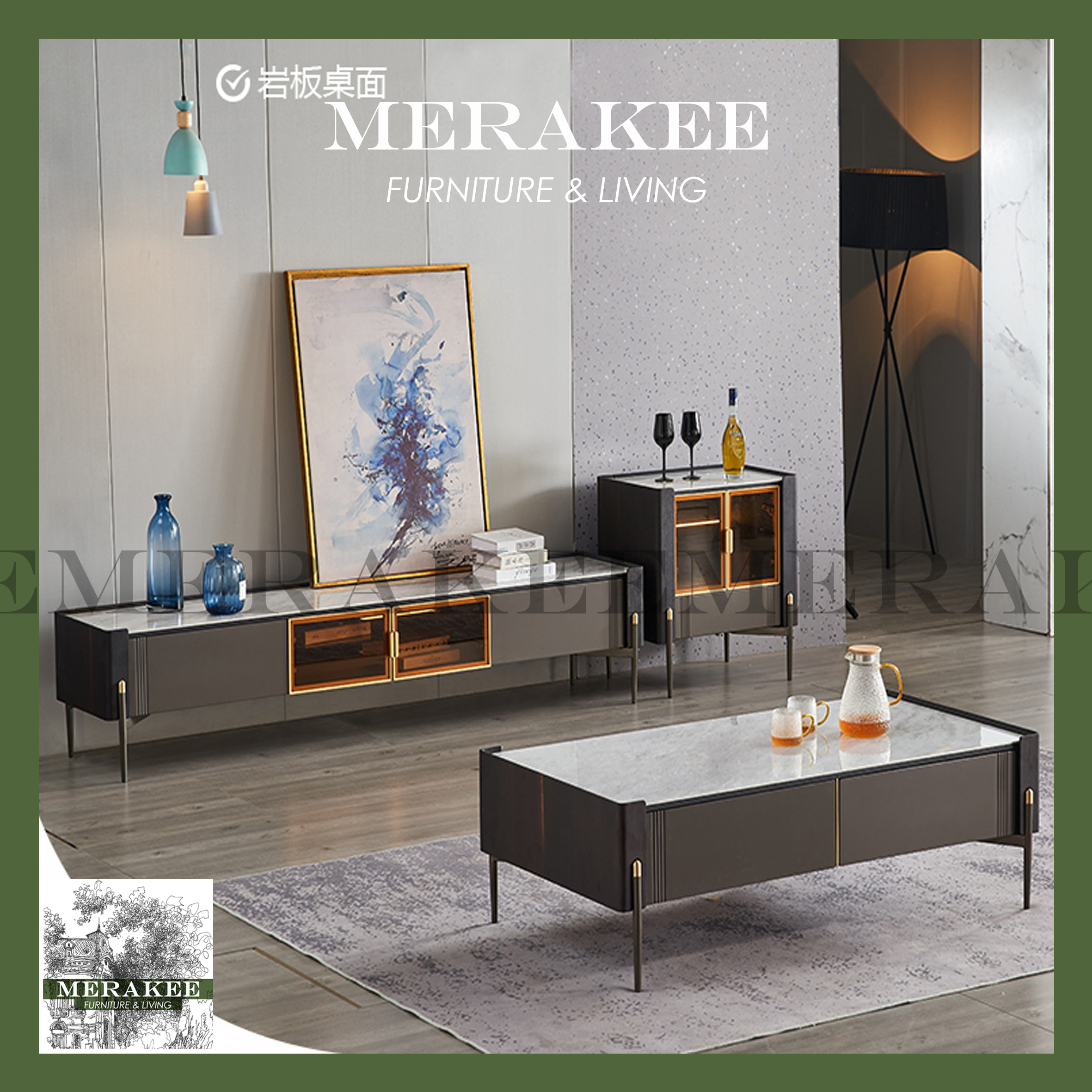 MERAKEE Marble Like Sintered Stone TV Console Cabinet Coffee Table Set ...