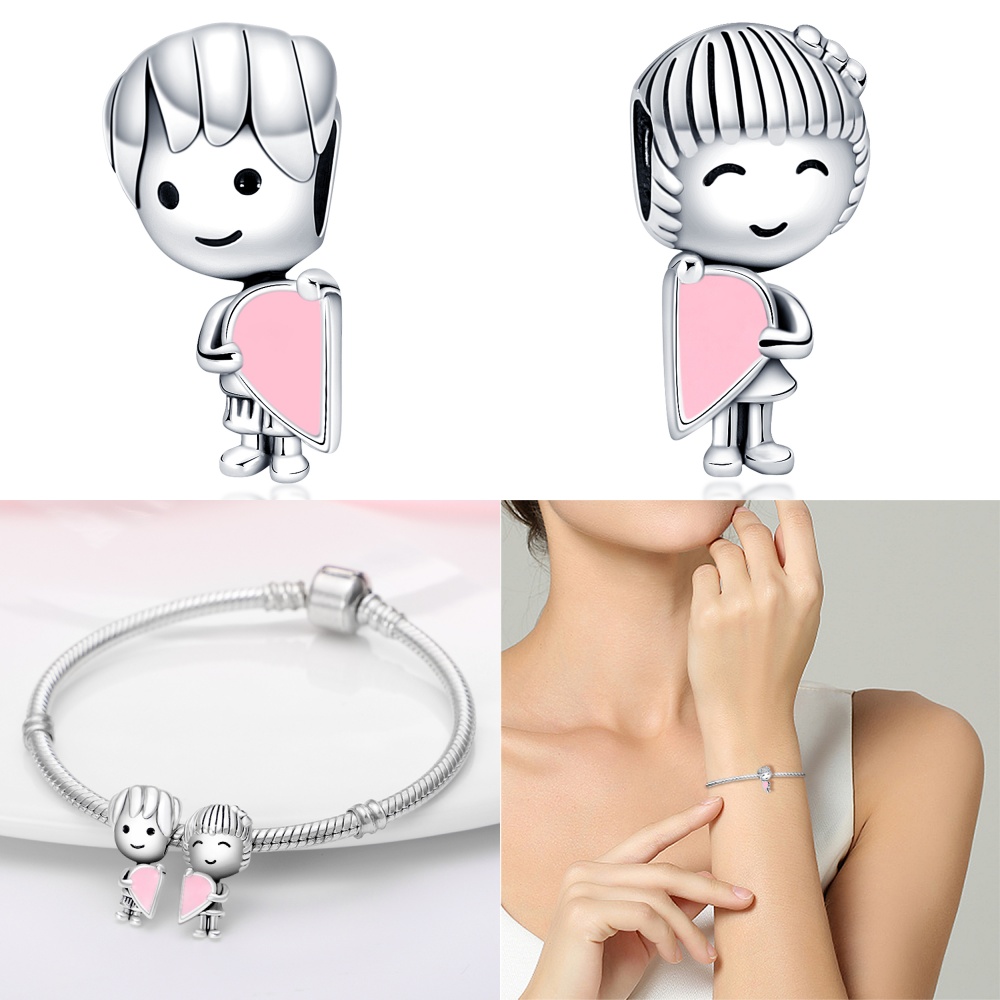 S925 Sterling Sliver Charms Cartoon Boys Girls Couple Beads Fit Pandora ...
