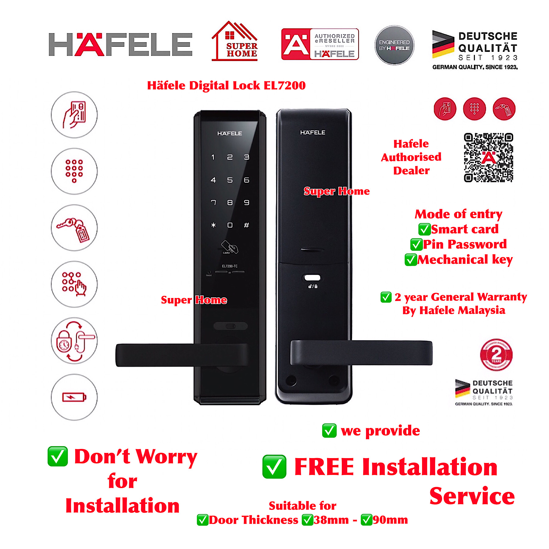 Smart Lock (( Free Installation )) Hafele Smart Door Lock EL7200 ...