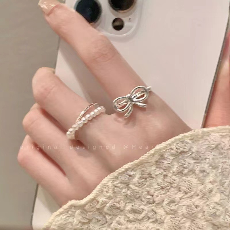 【Whoever uses it, who praises it】Minimalist Bow Pearl Ring suit Niche ...