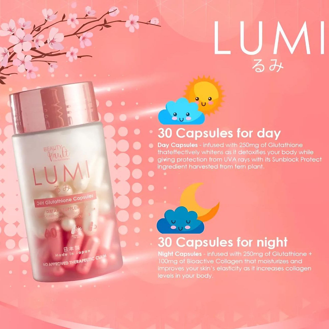 LUMI 24H GLUTATHIONE 60 CAPSULES / Tablets Whitening Skin Protection & Increase Body Collagen ...