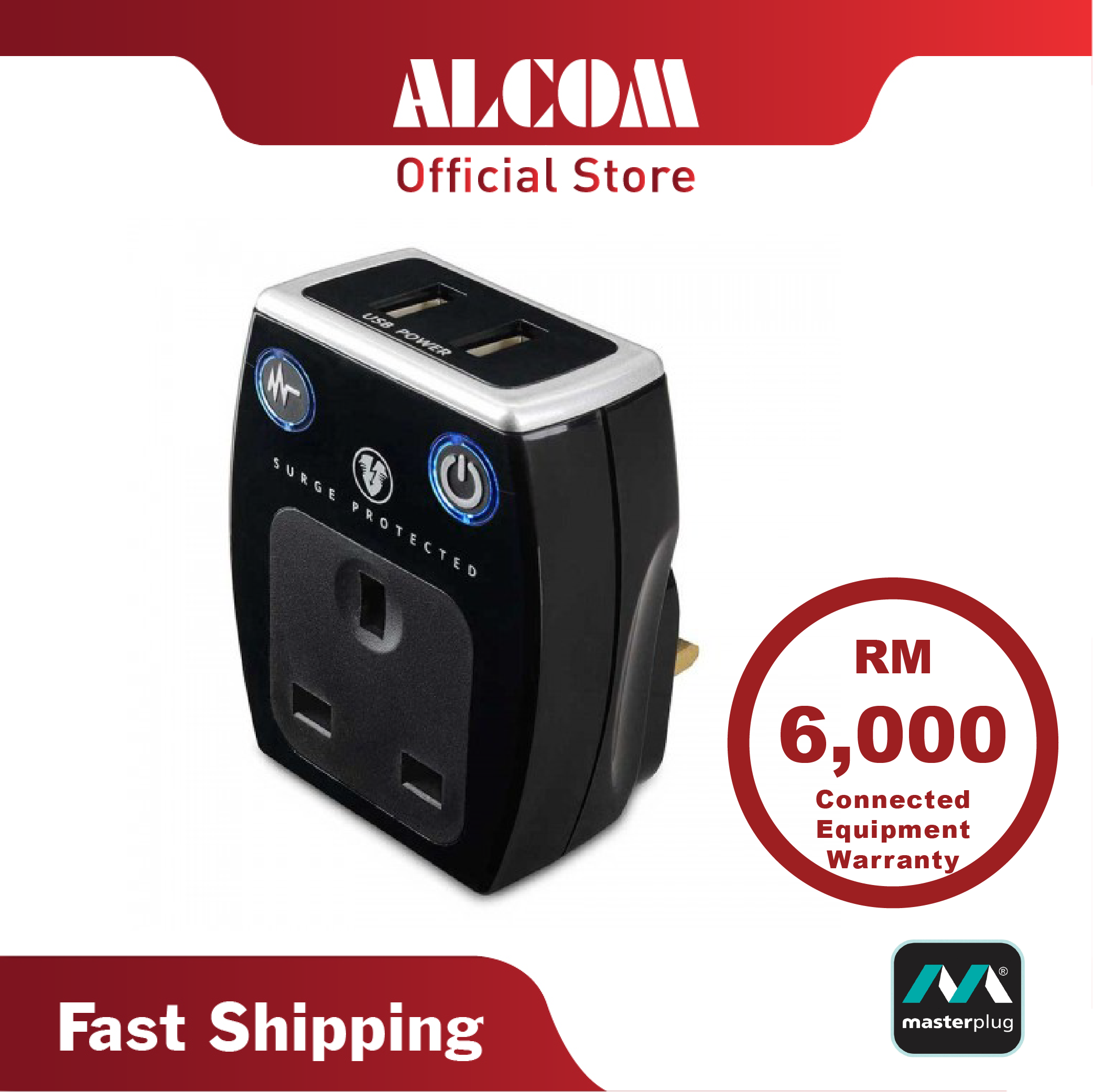 Masterplug SRGAUSBPB2-MPA USB surge adapter with 1 socket, 2 USB ports ...