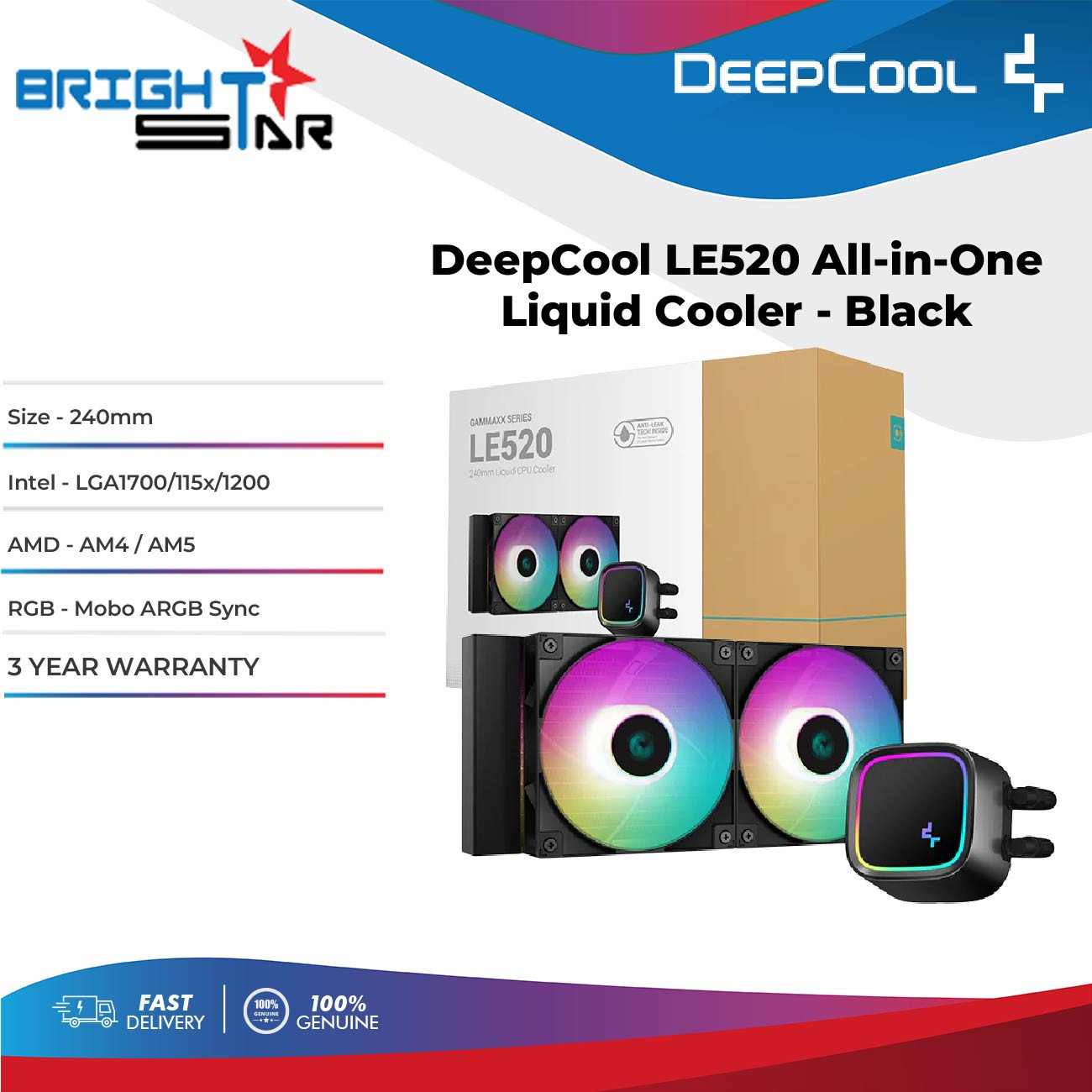 DEEPCOOL LE520 240mm ARGB CPU Liquid Cooler - Black | Lazada