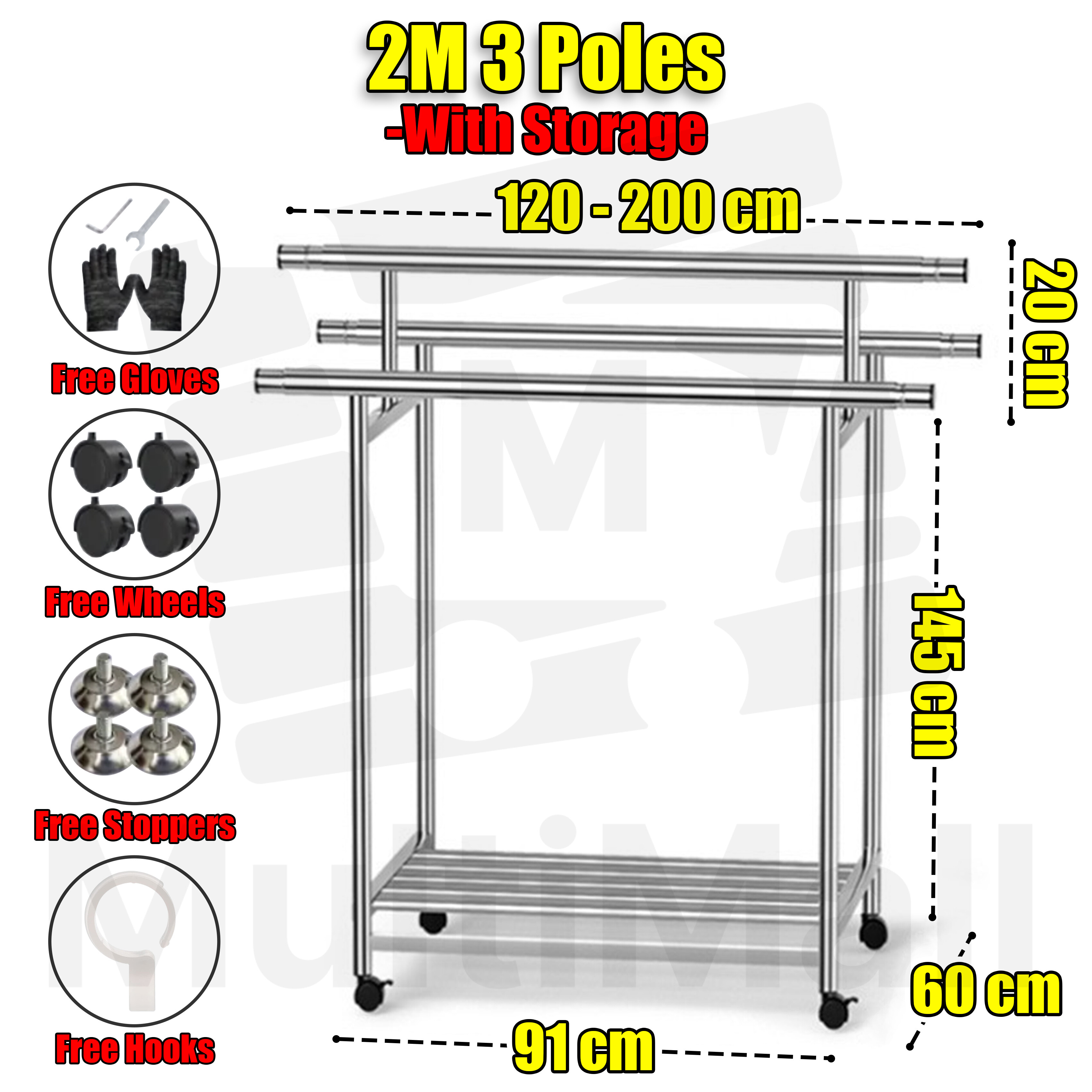 Laundry Rack 3 Poles Stainless Steel 2M-2.4M | Extendable 3 Poles ...
