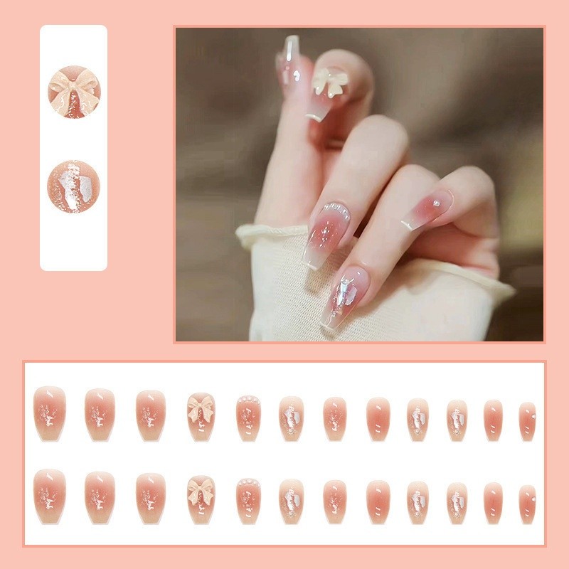 【WITH GLUE】24Pcs Fake Nails Pattern Flower French False Nails Wearable ...