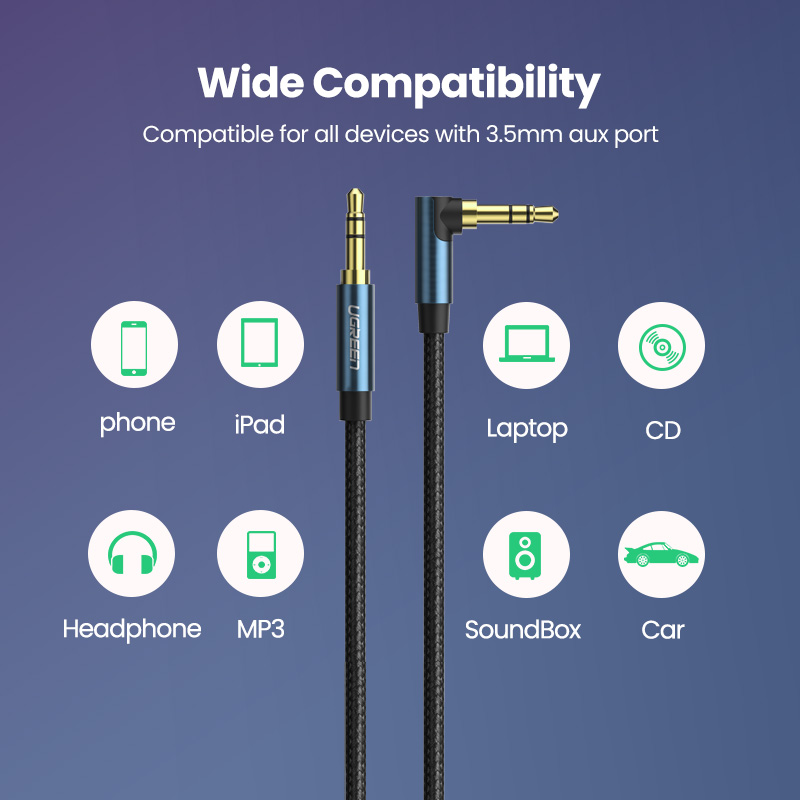 UGREEN สายเคเบิ้ล สายหูฟัง AUX Audio Cable Jack 3.5 90 Degree Audio ...