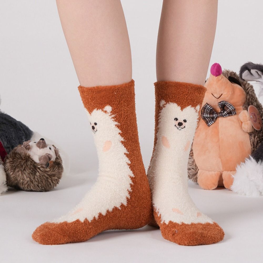 Cute Cartoon Husky Fleece Socks Hedgehog Sweet Sleeping Socks Women ...