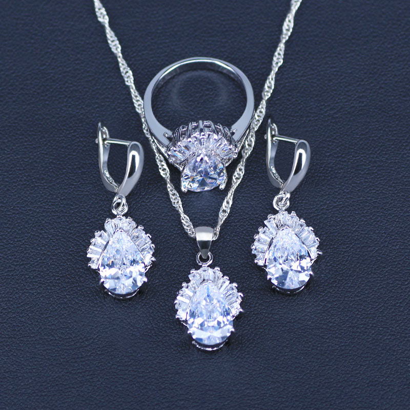【LuxeGlow】White Jewelry Sets Water Drop Cubic Zirconia CZ Stone Silver ...