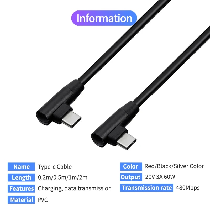 Type-c To Type-c Cable Male To Male USB C 20V 3A 60W PD Quick Charge ...