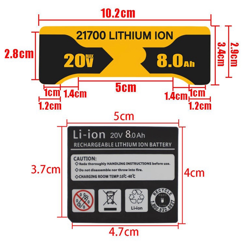 10 Pieces 10 x 21700 Li-Ion Battery 8.0Ah Sticker for DeWalt 18V 20V ...