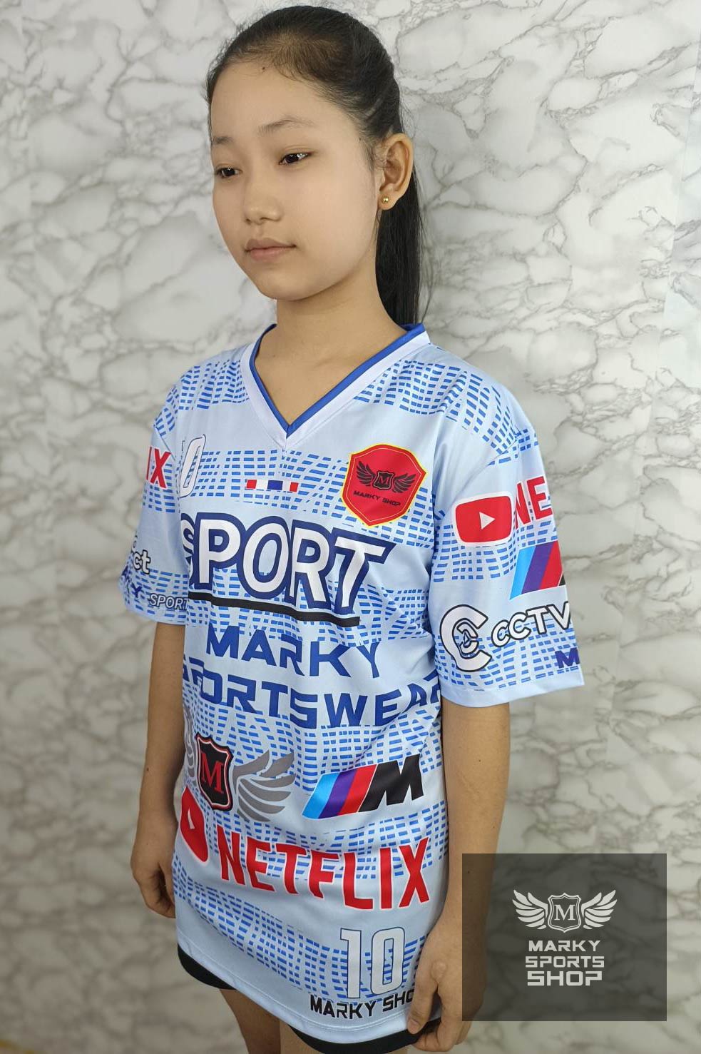 เสื้อพิมพ์ลาย marky sport M7สีฟ้า พิมพ์ลายทั้งตัวหน้าหลังสวมใส่สบาย ใส่ได้ทั้งชายหญิง เสื้อกีฬา ...