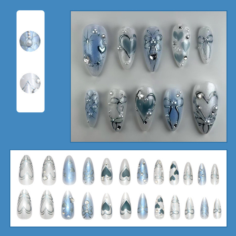 New 2025 24Pcs Dreamy Blue Three-dimensional Fake Nails with Glue DIY ...