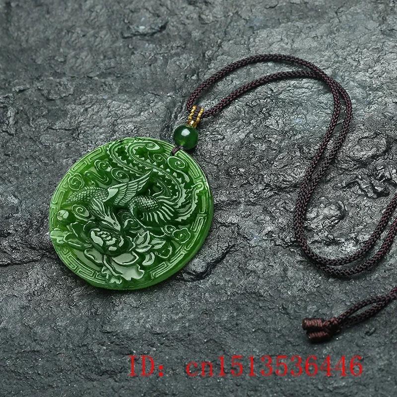 Natural Green Hetian Jade Stone Dragon Phoenix Pendant Necklace Carved ...