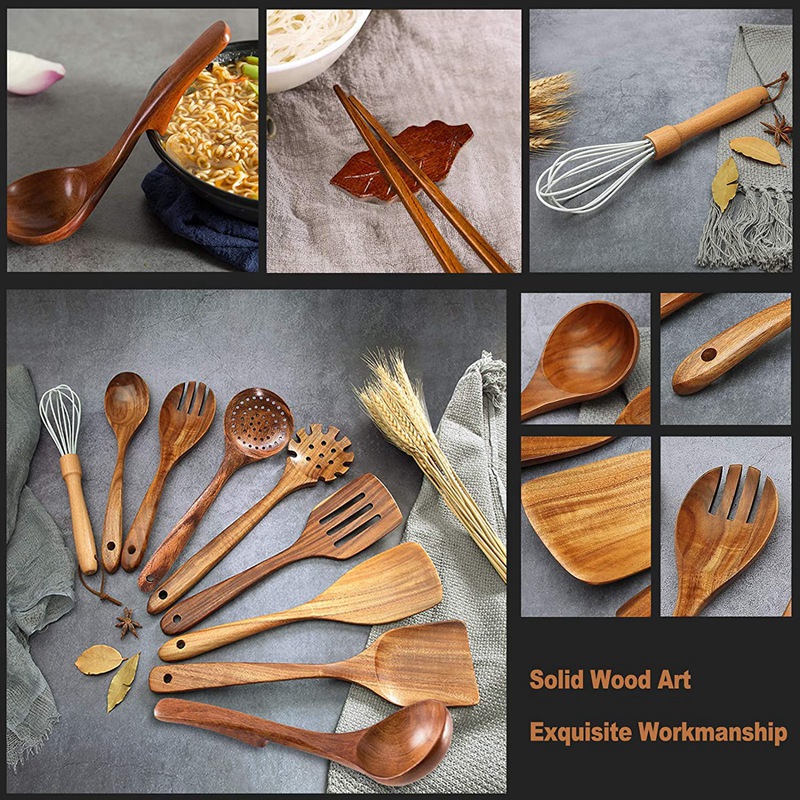 Wooden Spoons for Cooking,Wooden Cooking Utensils Set with Wood Holder ...