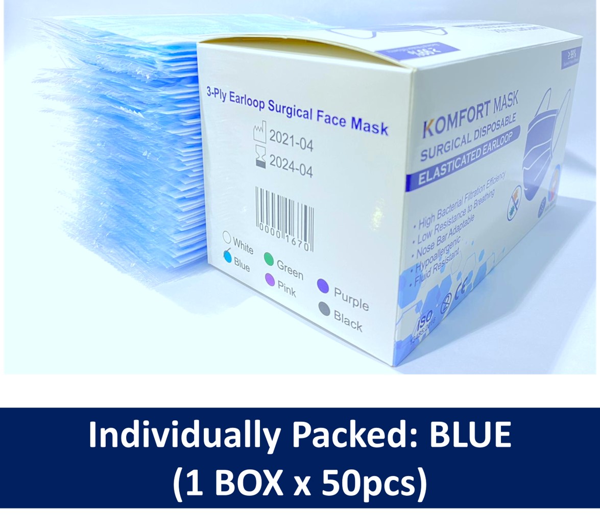 [NEW Individually Wrapped] 50pcs BFE>99% KOMFORT MASK 3-Ply Surgical ...
