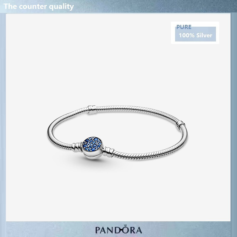 Pandora 925 sterling silver Inlaid Sparkling Blue zirconia Disc Clasp Snake Chain Moments ...