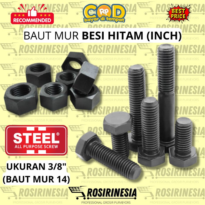 (5pcs) BAUT MUR HEX Kunci 14 - 3/8" X (UKURAN TINGGAL PILIH) UNC Besi ...