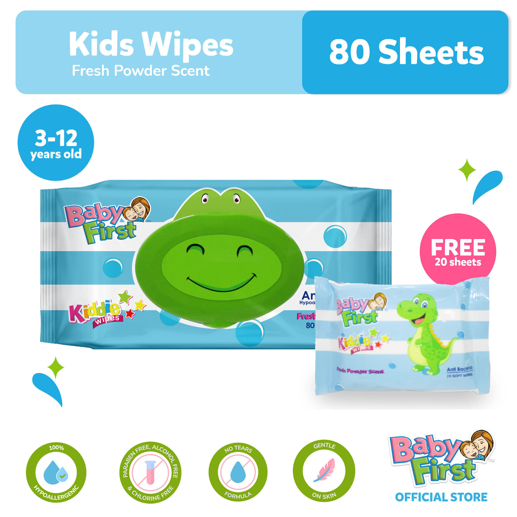 Baby First Kiddie Wipes 80 Sheets Fresh Powder Scent + 20 Sheets ...