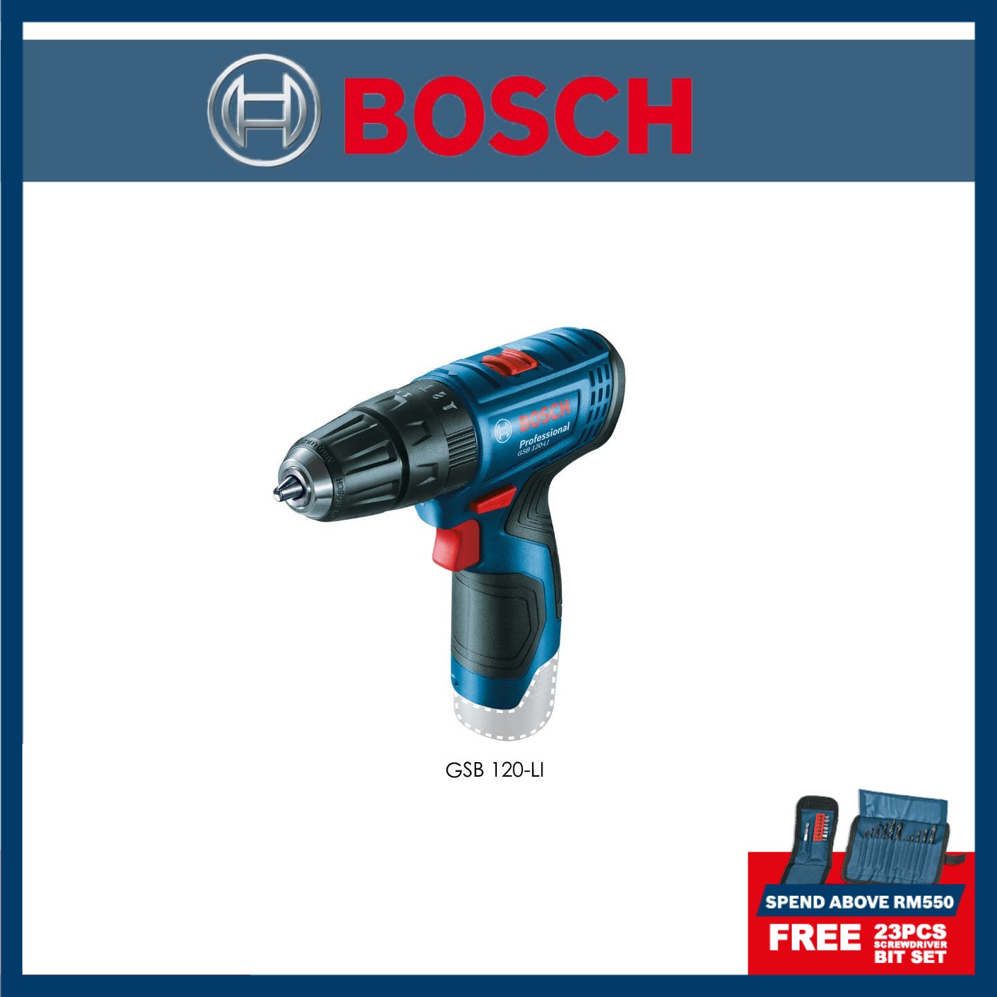 BOSCH GSB120-LI GEN 2 12V Cordless Impact Drill with UPSIZE BOSCH 33pcs ...