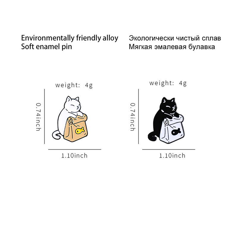Feed Myself Enamel Pins Cute Black White Cat Dried Fish Bag Brooches ...