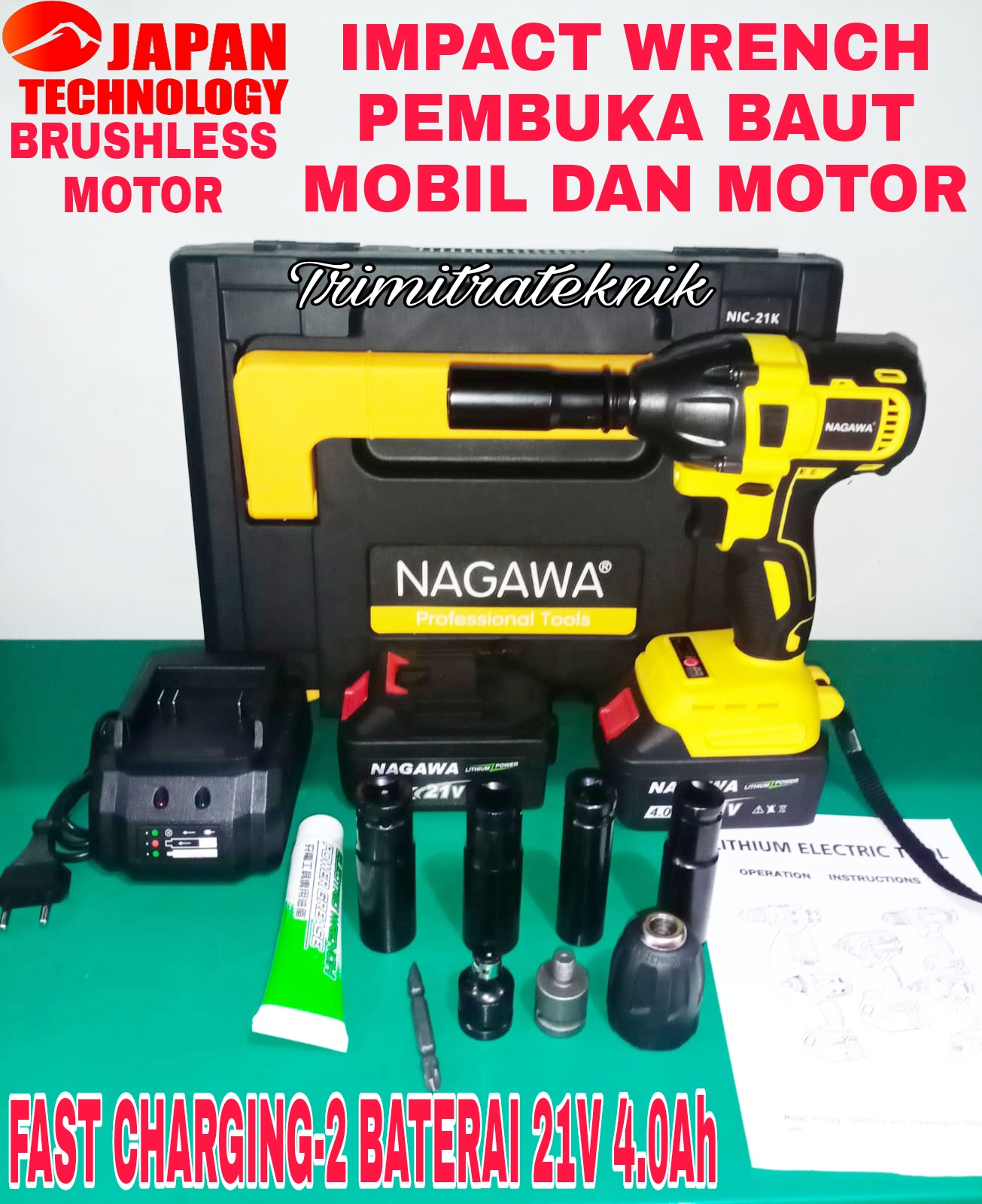 KEMASAN KOPER BARU FULL SET ORIGINAL IMPACT WRENCH BRUSHLESS NAGAWA 21V ...