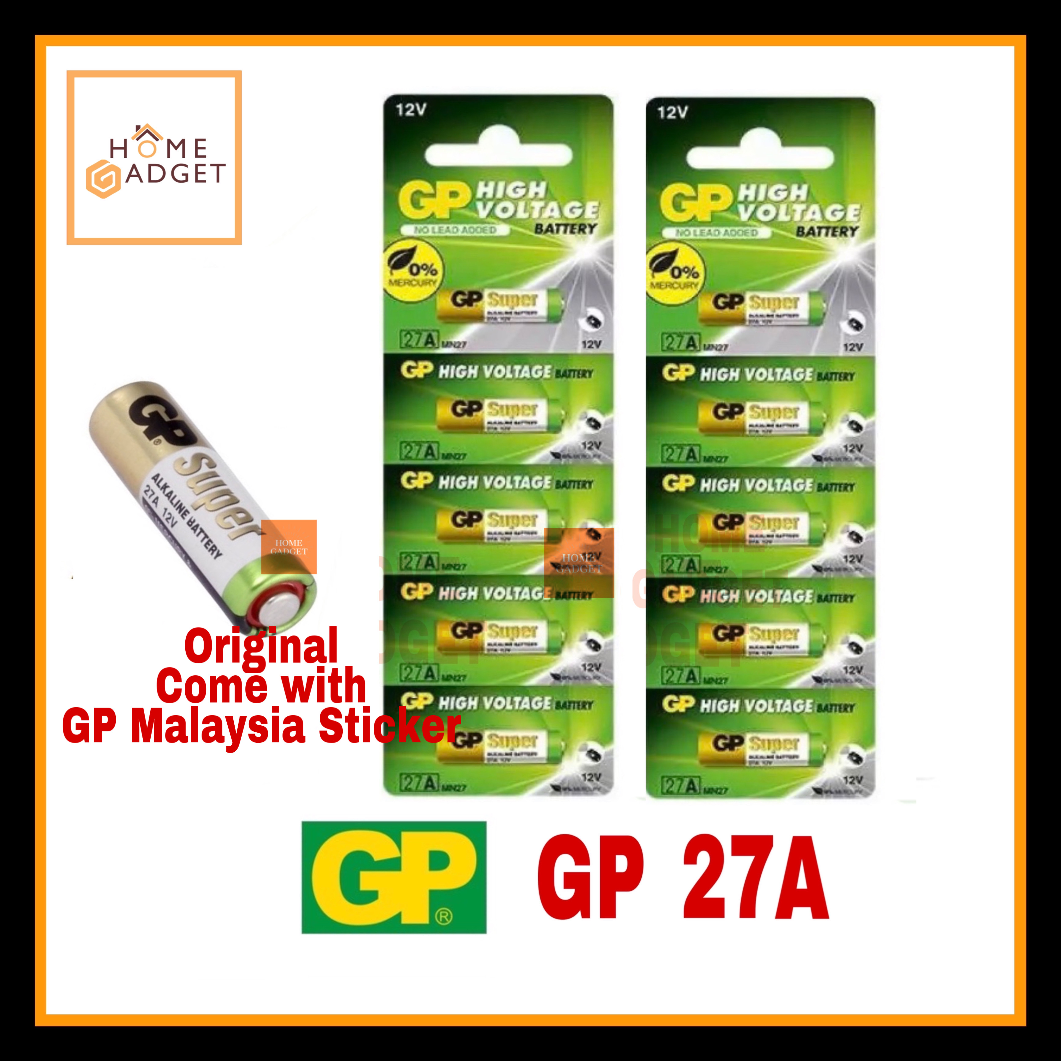 [ORIGINAL] 10Pcs GP Super 27A 12V High Voltage Alkaline Battery (GP27A ...