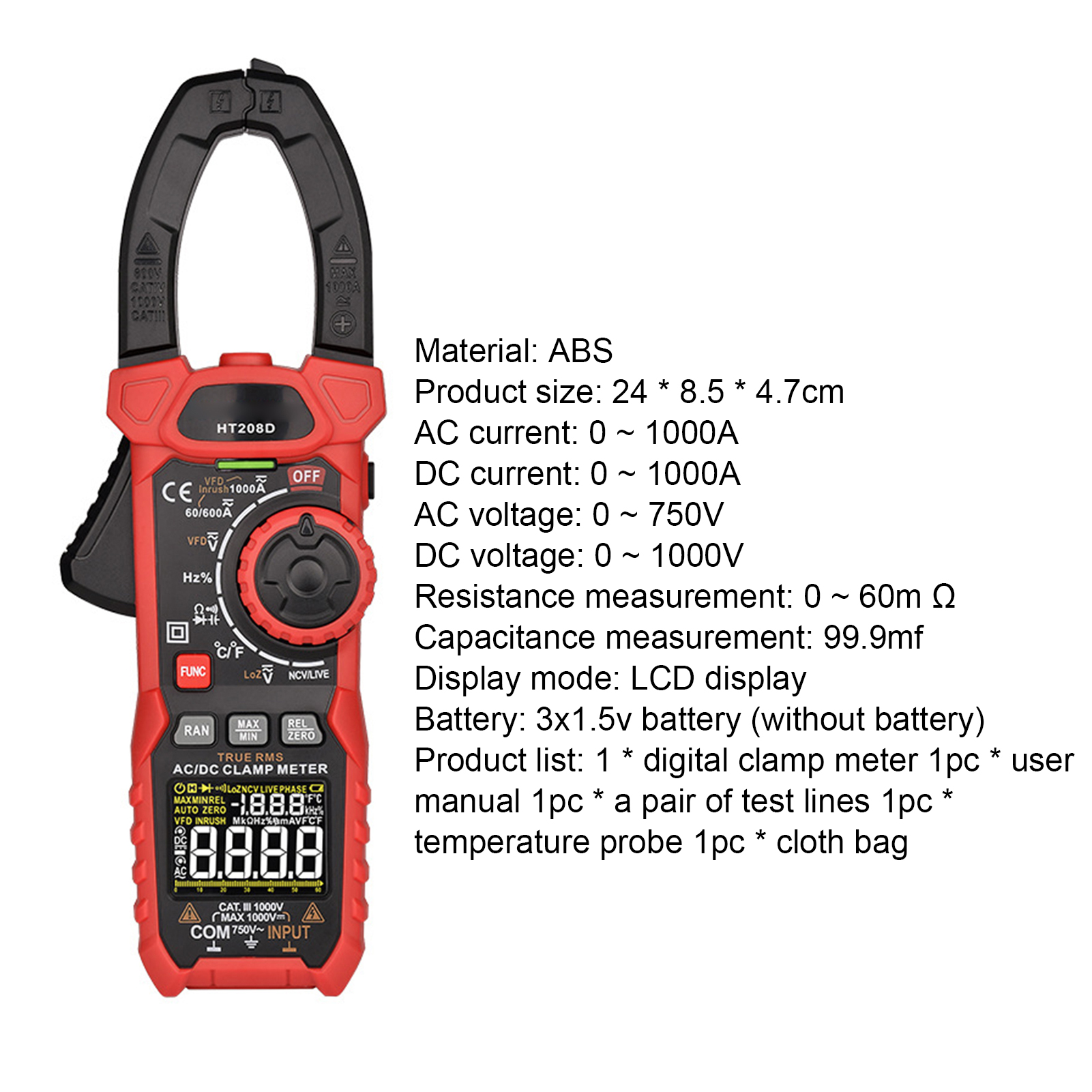 HT208D Clamp Meter Digital Wear-resistant ABS Professional Precise ...