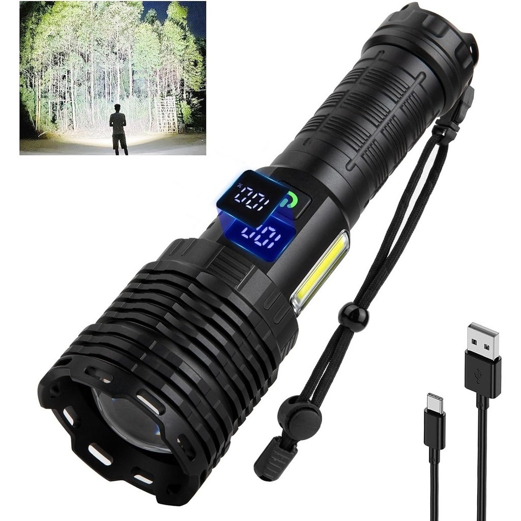 Yonii ไฟฉาย LED แบบชาร์จไฟได้สูง,สีแดง ไฟฉาย 2000LM(สีดำ) แบบใช้มือถือ ...