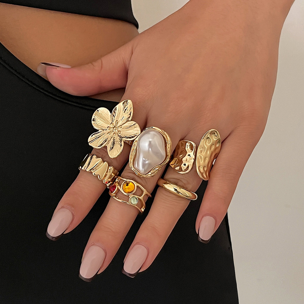 6Pcs/Set Vintage Flower Metal Irregular Geometry Rings Baroque Imitation Pearl Ring Female Niche ...
