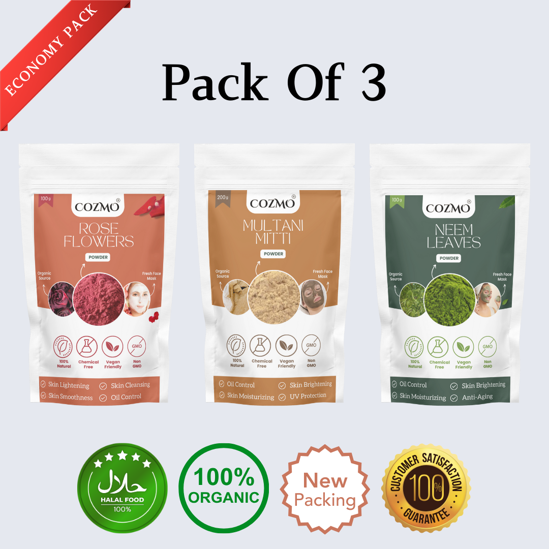 Set of 3 | Cozmo Organic Rose Petals Powder, Natural Multani Mitti ...